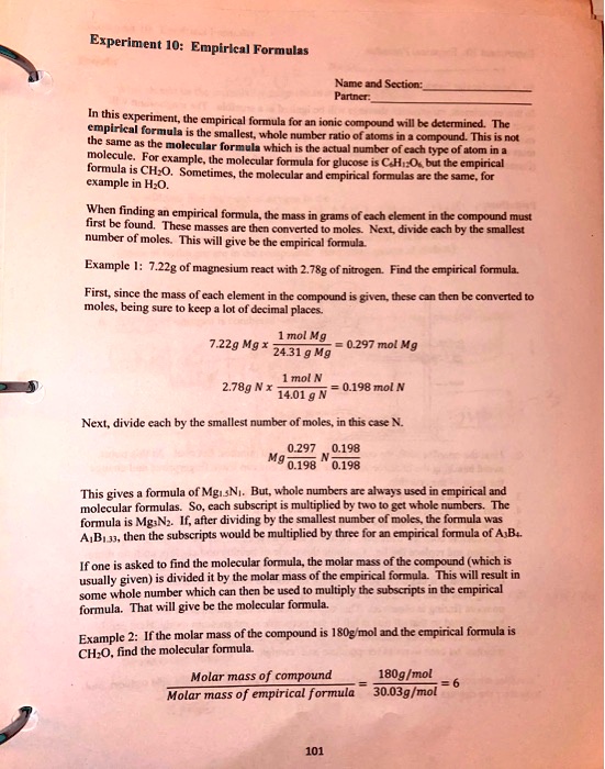 SOLVED: Experiment 10: Empirlcal Formulas Nante and Scction: Fntch ...
