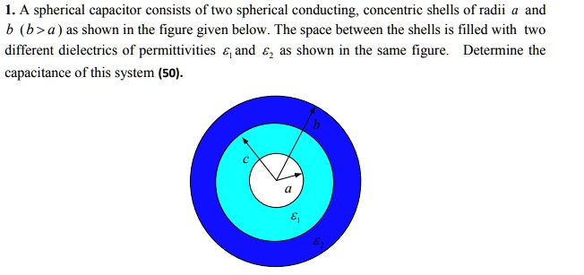 SOLVED: ASAP PLEASE. Please help me fast. 1. A spherical capacitor consists of two spherical ...