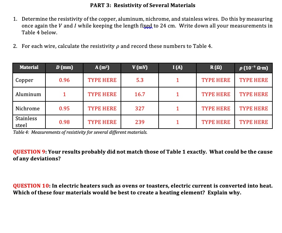 SOLVED: PART 3: Resistivity of Several Materials Determine the ...