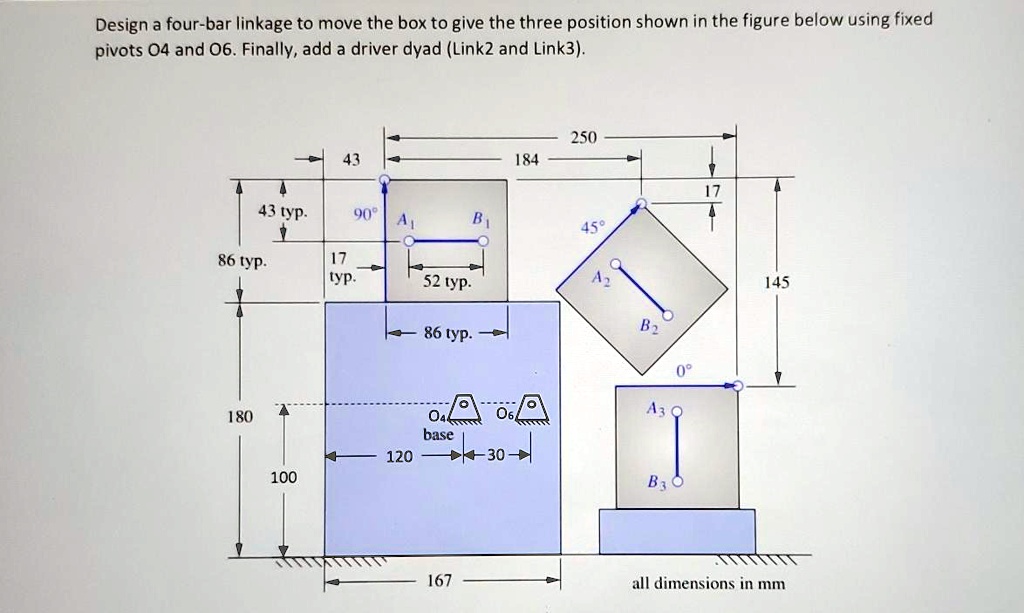 Design a four-bar linkage to move the box to give the three position shown in the figure below ...