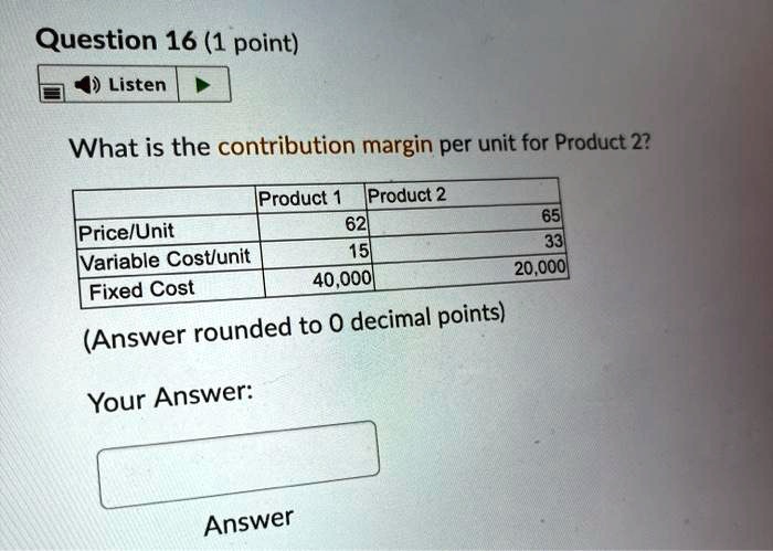 SOLVED: What is the contribution margin per unit for Product 2? Product Product 2 Price/Unit 62 ...