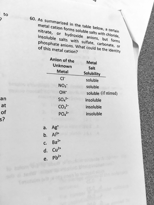 [GET ANSWER] 60. As summarized in the table below, a certain metal cation forms soluble salts ...