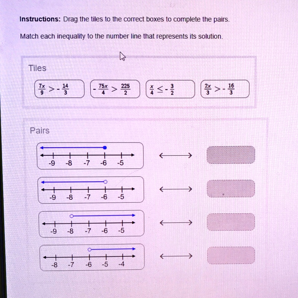 SOLVED: 'Match the inequality to the number line that represents its ...