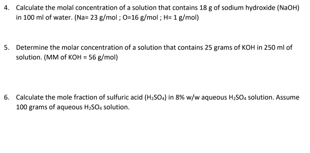 SOLVED: Calculate the concentration problems below. Show in FULL ... SOLVED: Calculate the concentration problems below. Show in FULL ...