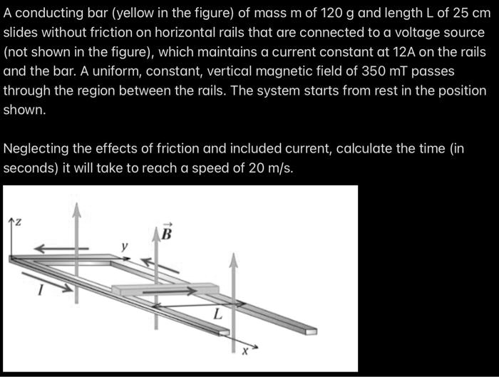 SOLVED: A conducting bar (shown below in the figure) of mass m = 120 g and length L = 25 cm ...