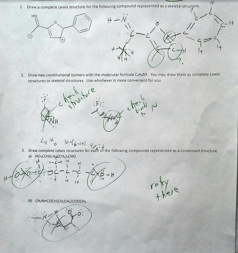 1. Draw a complete Lewis structure for the following compound represented as a skeletal ...