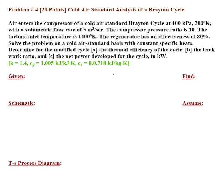 SOLVED: Problem #4 [20 Points] Cold Air Standard Analysis of a Brayton ...