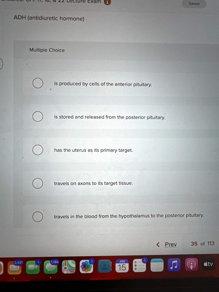 adh antidiuretic hormone multiple choice is produced by cells of the ...