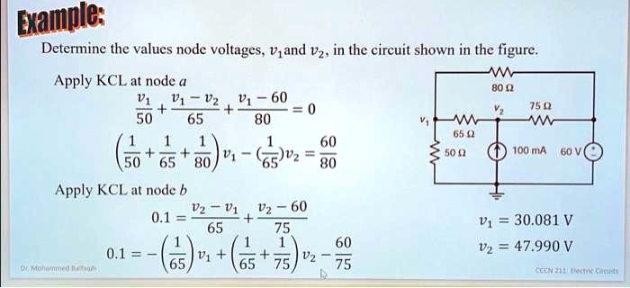 SOLVED: Texts: Example: Determine the values of node voltages, v₁ and v₂, in the circuit shown ...