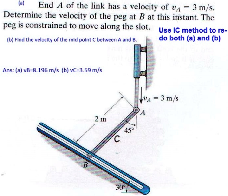(a) End A of the link has a velocity of vA = 3 m/s. Determine the velocity of the peg at B at ...