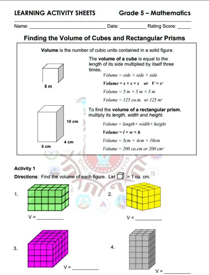LEARNING ACTIVITY SHEETS Name: Date: Grade 5 - Mathematics Rating Score ...