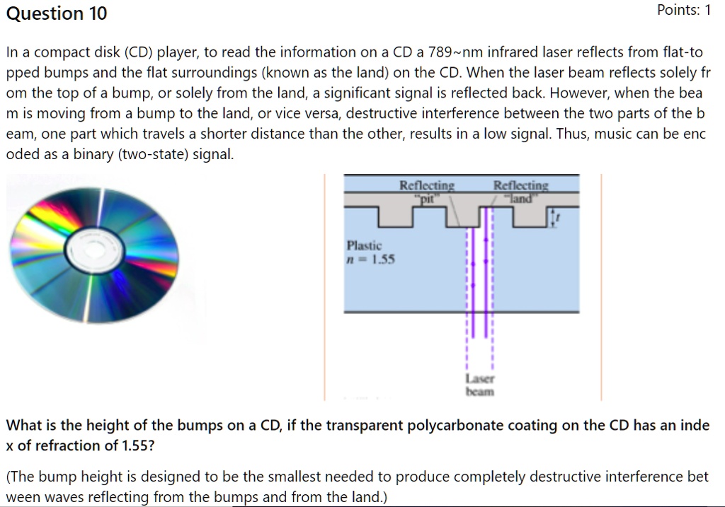 SOLVED:Question 10 Points: In a compact disk (CD) player; to read the ...