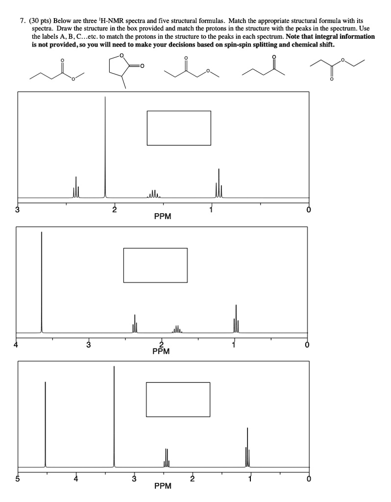 7. (30 pts) Below are three 'H-NMR spectra and five structural formulas ...