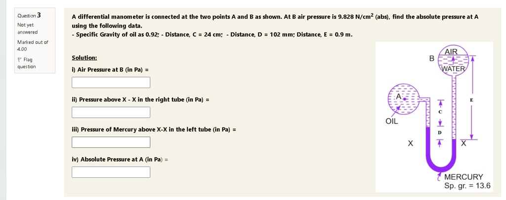 A differential manometer is connected at the two points A and B as shown. At B, the air pressure ...