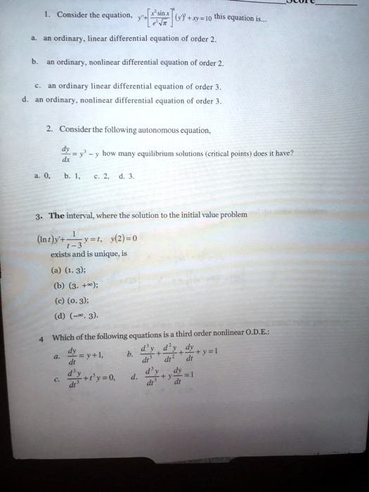 consider the equation jo 10 this equalion ordinary lunene differential ...