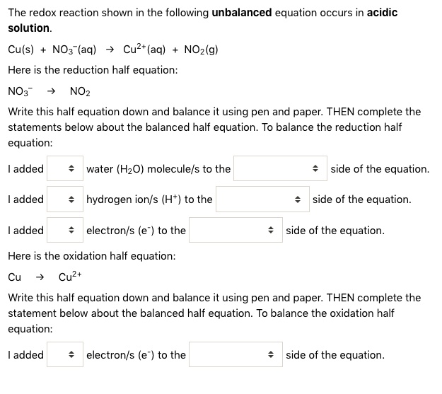 the redox reaction shown in the following unbalanced equation occurs in acidic solution culs noz ...