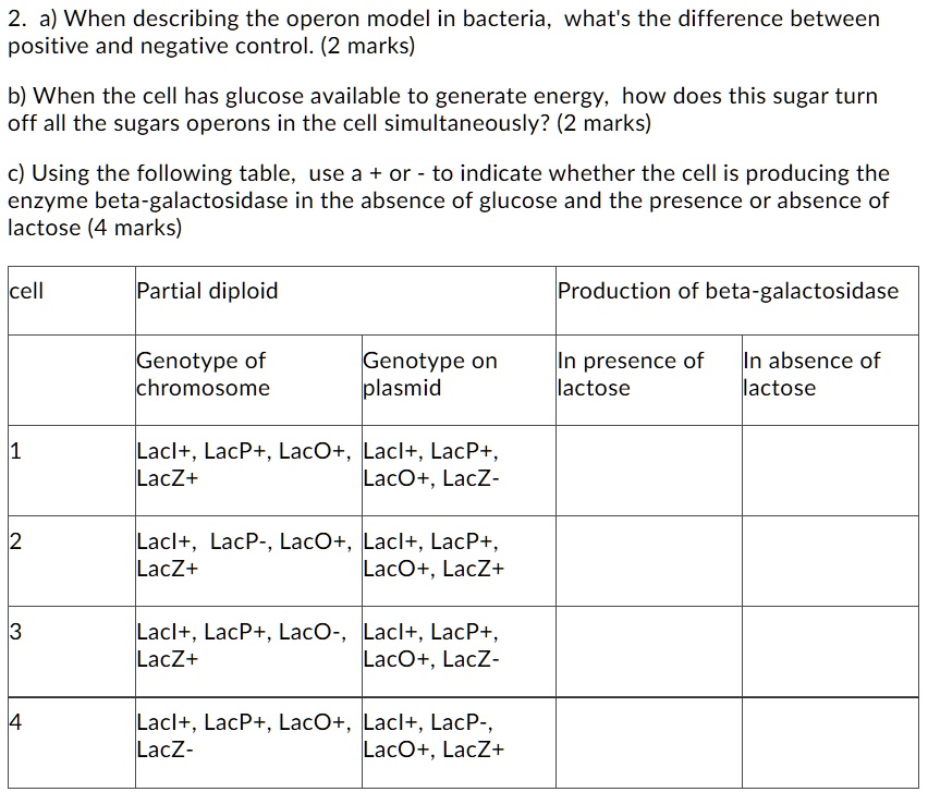 2. a) When describing the operon model in bacteria, what's the difference between positive and ...