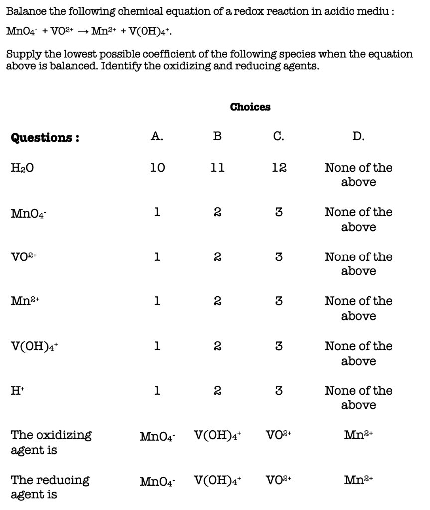 SOLVED: Balance the following chemical equation of a redox reaction in ...