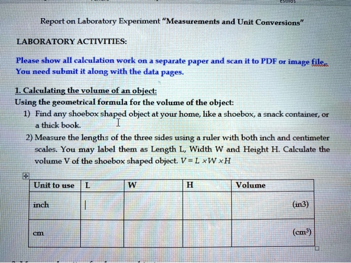 SOLVED: Report on Laboratory Experiment "Measurements and Unit Conversions" LABORATORY ...