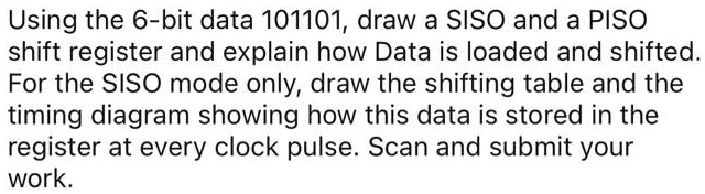 Using the 6-bit data 101101, draw a SISO and a PISO shift register and ...