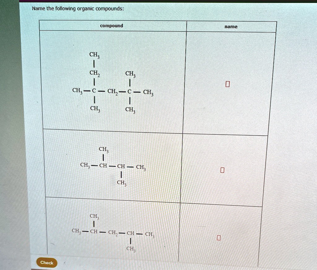 Name the following organic compounds: compound name CH3 CH CH3 CH3-C-CH2-C-CH3 CH3 CH3 CH3 CH3 ...