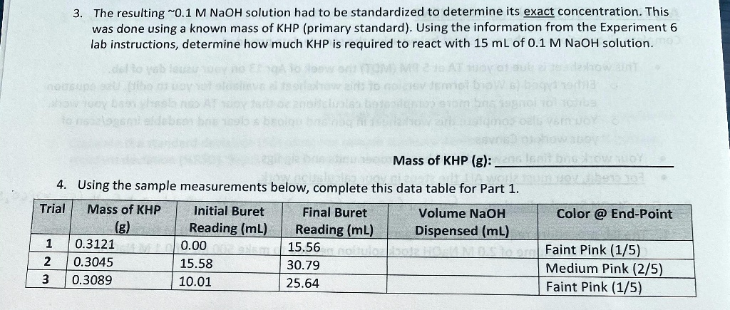 SOLVED: The resulting 0.1 M NaOH solution had to be standardized to ...