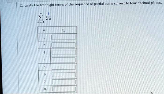 SOLVED: Calculate the first eight terms of the sequerce of partial sums correct to four decimal ...