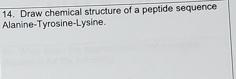 14. Draw chemical structure of a peptide sequence Alanine-Tyrosine-Lysine.