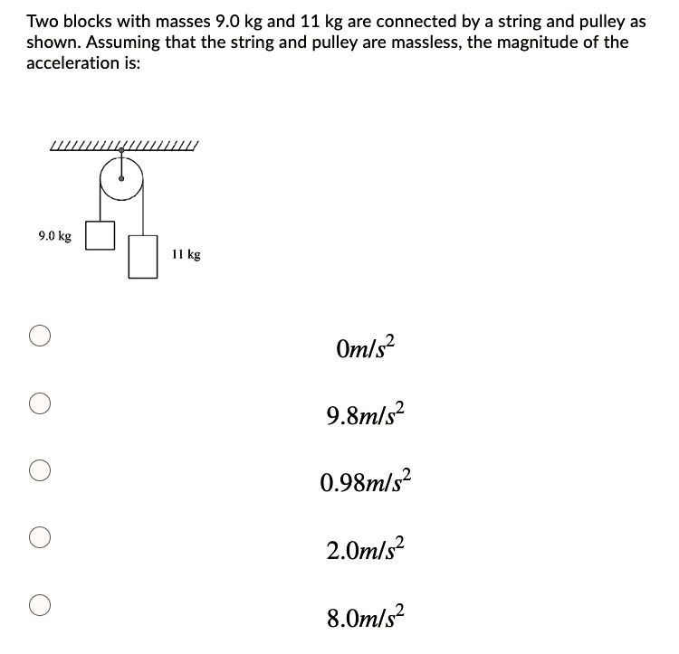 two blocks with masses 90 kg and 11 kg are connected by a string and pulley as shown assuming ...