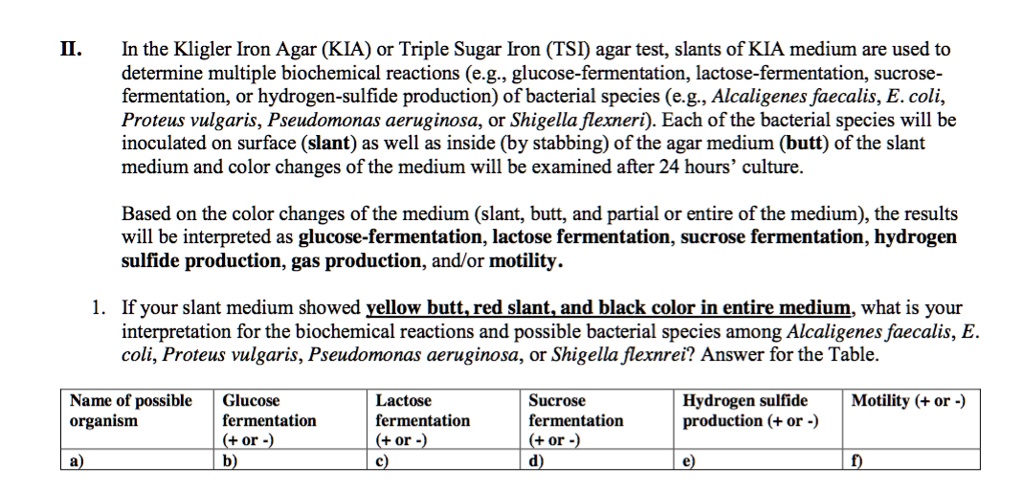 SOLVED: In the Kligler Iron Agar (KIA) or Triple Sugar Iron (TSD) agar ...
