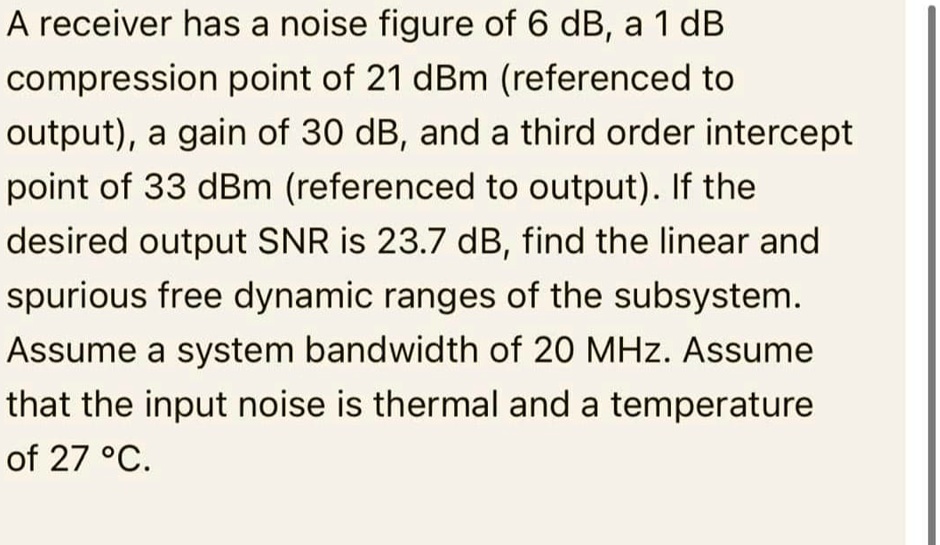 Solved A Receiver Has A Noise Figure Of 6 Db A 1 Db Compression Point Of 21 Dbm Referenced To
