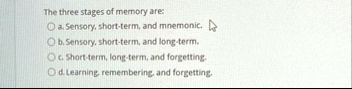 the three stages of memory are a sensory short term and mnemonic b ...