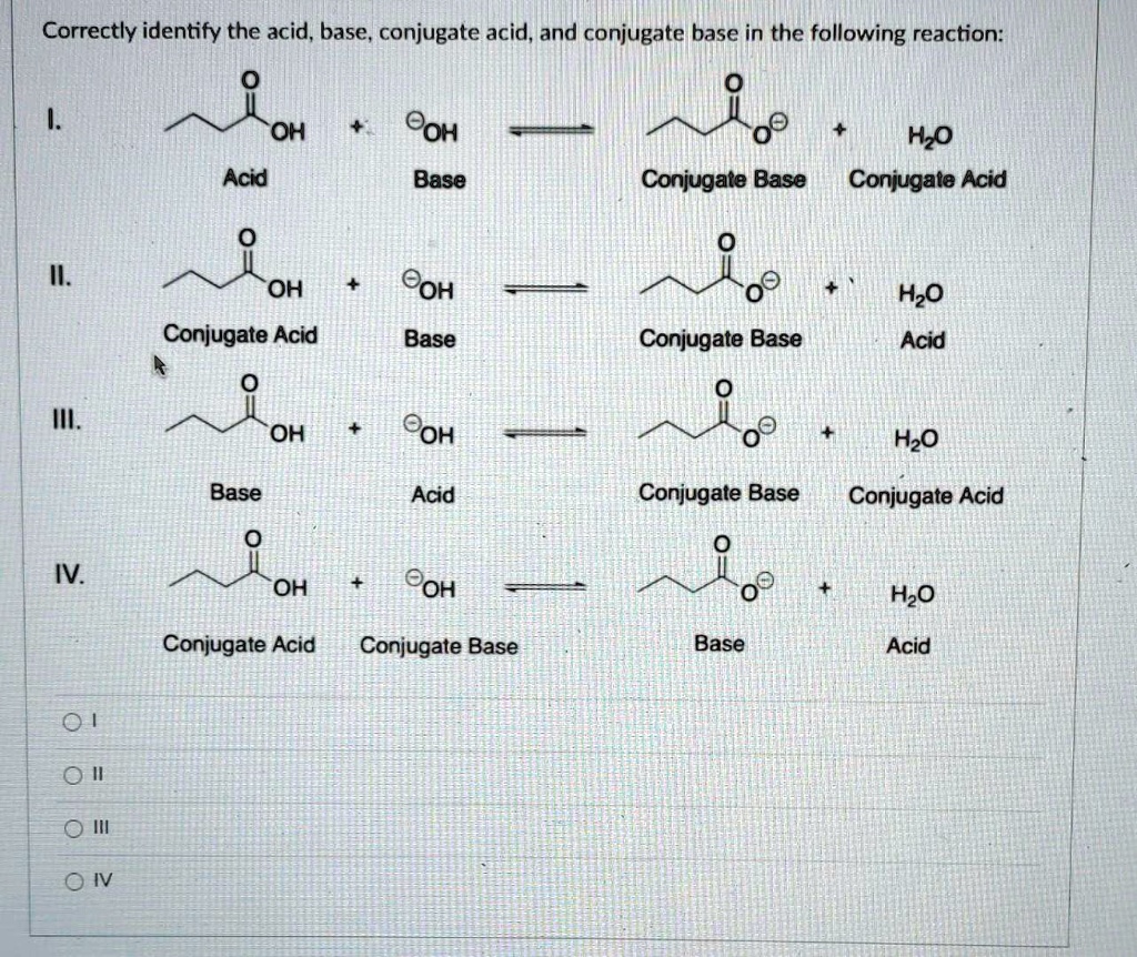 Correctly identify the acid, base, conjugate acid, and conjugate base in the following reaction ...