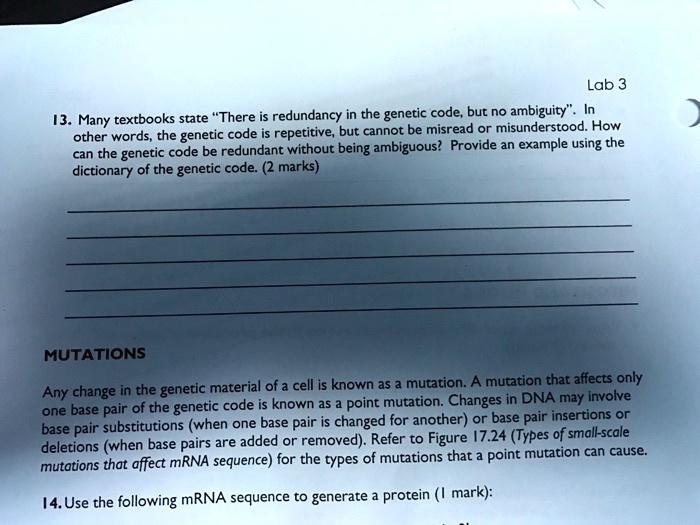 SOLVED: Lab 3: Redundancy and Ambiguity in the Genetic Code Many ...