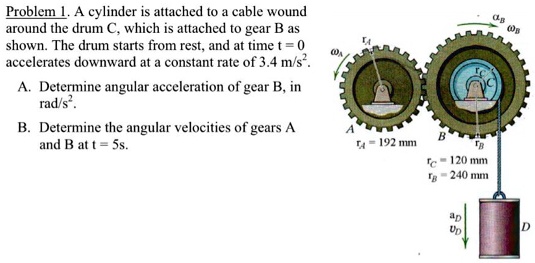 Problem 1. A cylinder is attached to a cable wound around the drum C, which is attached to gear ...