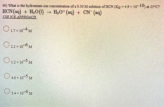 SOLVED: What is the hydronium-ion concentration of a 0.30 M solution of ...