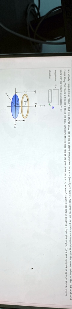 A positively charged disk of radius R and total charge Qdisk lies in the xz plane, centered on ...