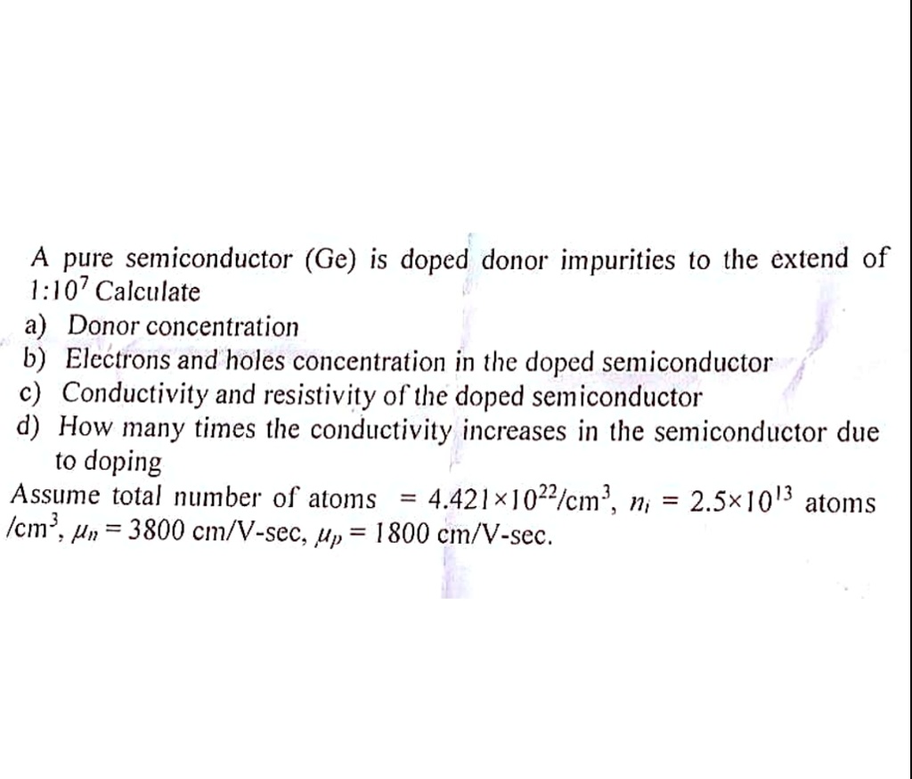 A pure semiconductor (Ge) is doped donor impurities to the extend of 1: ...