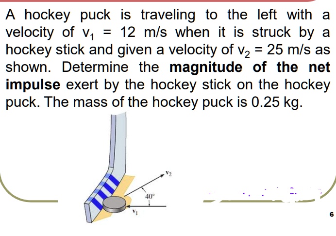 A hockey puck is traveling to the left with a velocity of v1 = 12 m/s ...