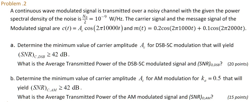 SOLVED: Problem: A continuous wave modulated signal is transmitted over a noisy channel with the ...