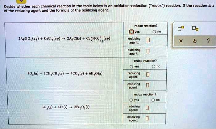 SOLVED: Decide whether each chemical reaction in the table below Is an oxldation-reduction ...