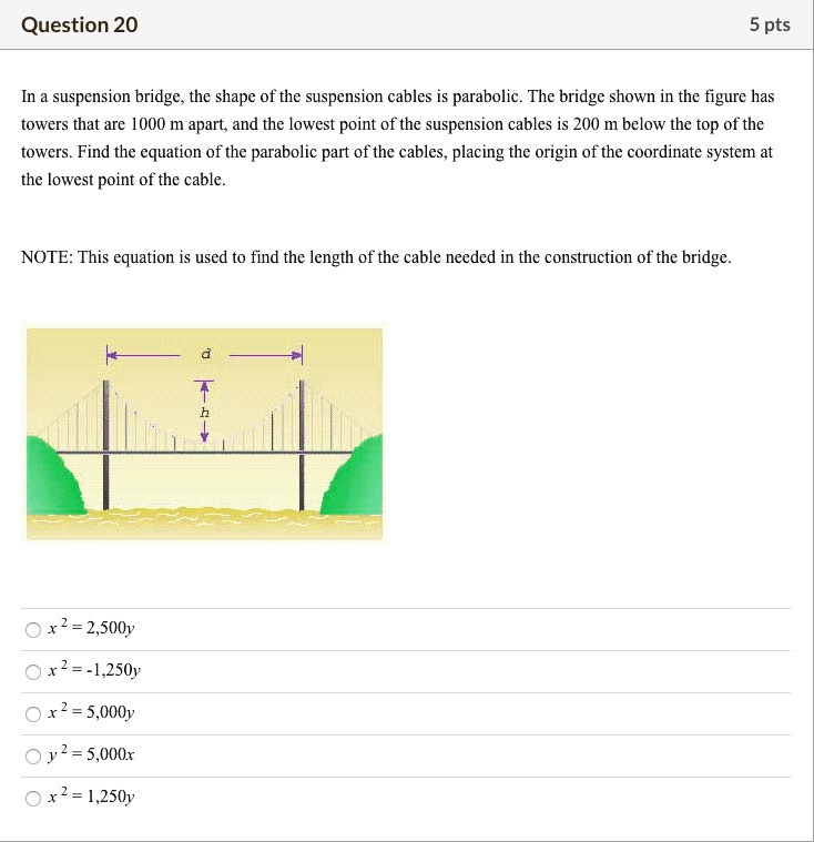 SOLVED: Question 20 5 pts suspension bridge: the shape of the ...