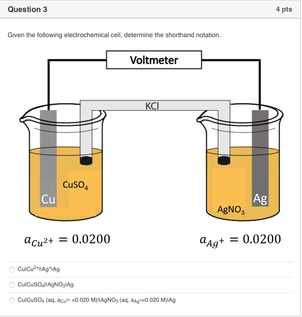 Question 3 Given the following electrochemical cell, determine the shorthand notation. Voltmeter ...
