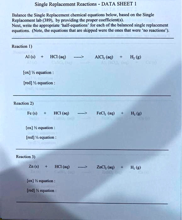 Single replacement reactions data sheet balance the single...