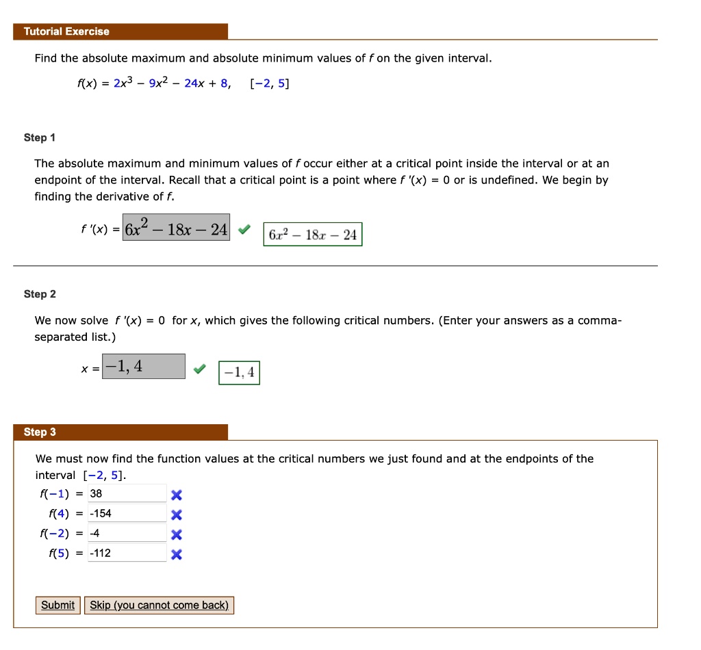 tutorial exercise find the absolute maximum and absolute minimum values of f on the given ...