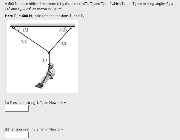 SOLVED: 580 N police officer is supported by three cables (T1, T2, and T3), of which T1 and T2 ...