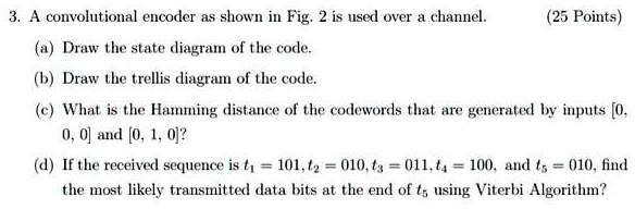 SOLVED: A convolutional encoder, as shown in Fig:, is used over a channel. (a) Draw the state ...