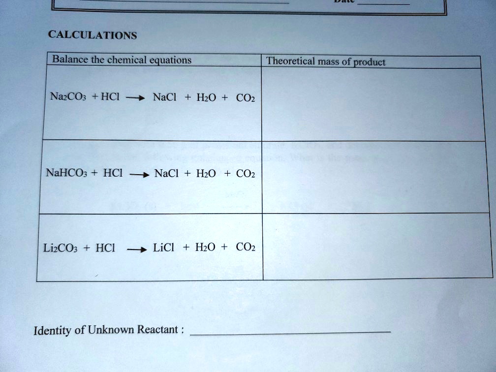 SOLVED: CALCULATIONS Balance the chemical equations Theoretical mass of ...