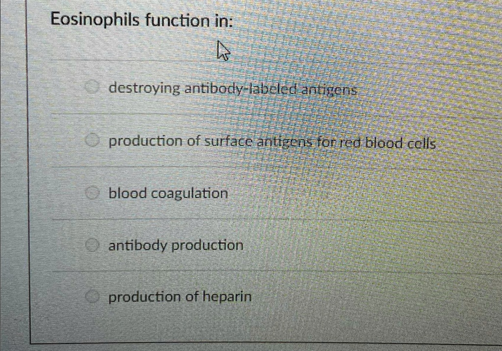 Eosinophils function in: destroying antibody-labeled antigens production of surface antigens on ...
