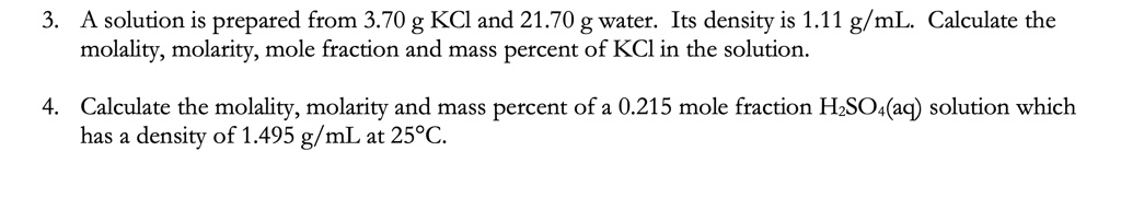 a solution is prepared from 370 g kcl and 2170 g water its density is 111 gml calculate the ...
